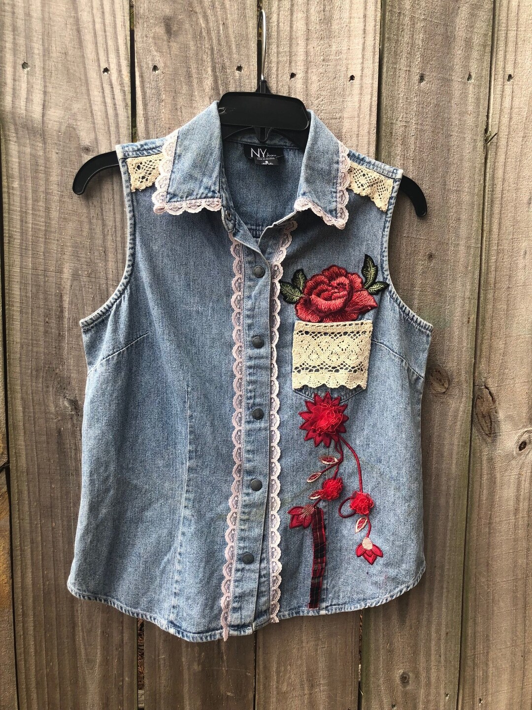 Upcycled Denim Vest Shabby Chic Creative Refashioned Vest Patchwork ...