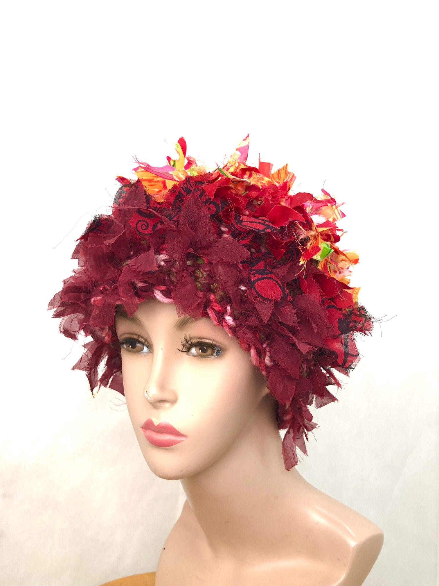 Unique Handmade Hat Beanie Funky Hat Crazy Red Rag Hat Shabby Chic Hat ...