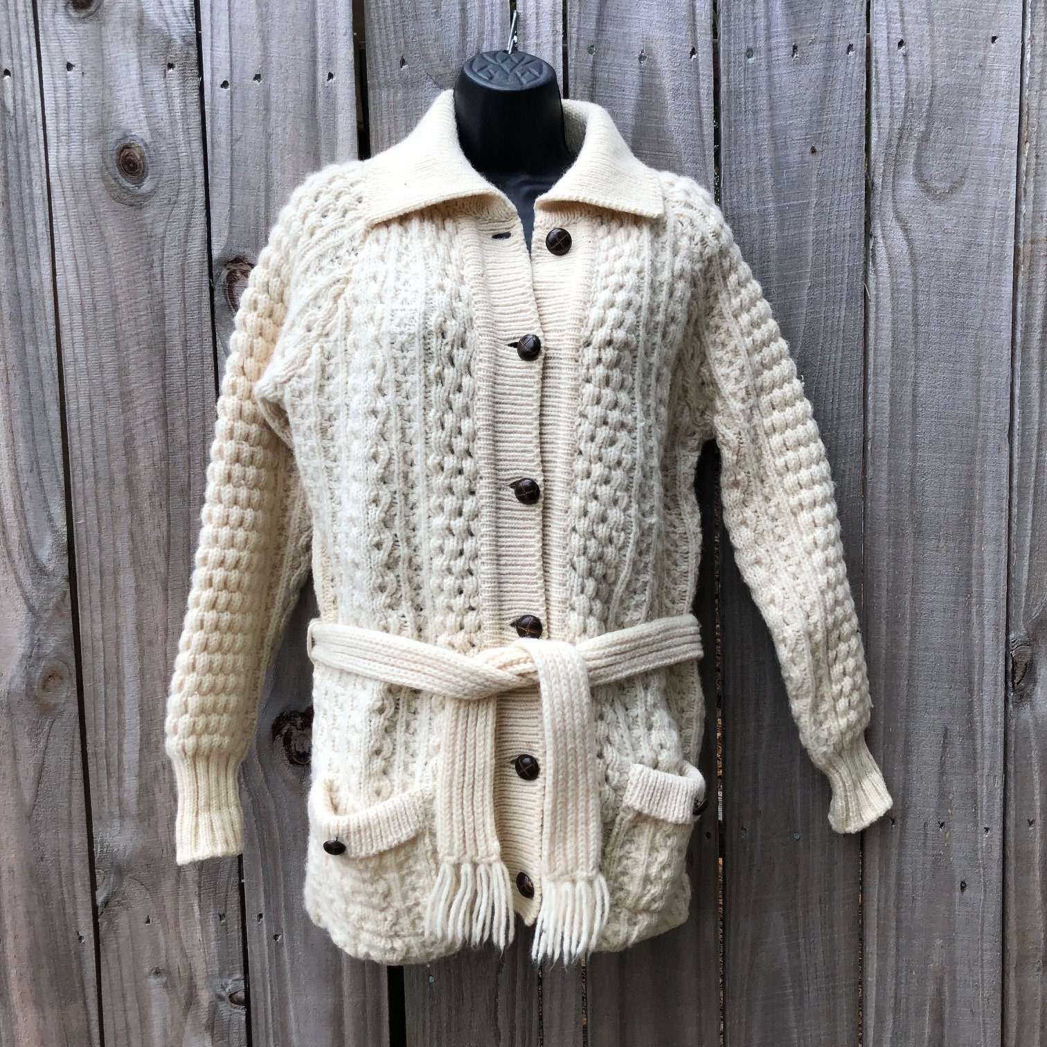 Vintage Hand Knit Wool Cardigan Aran Cables Sweater Hand Knit Sweater ...