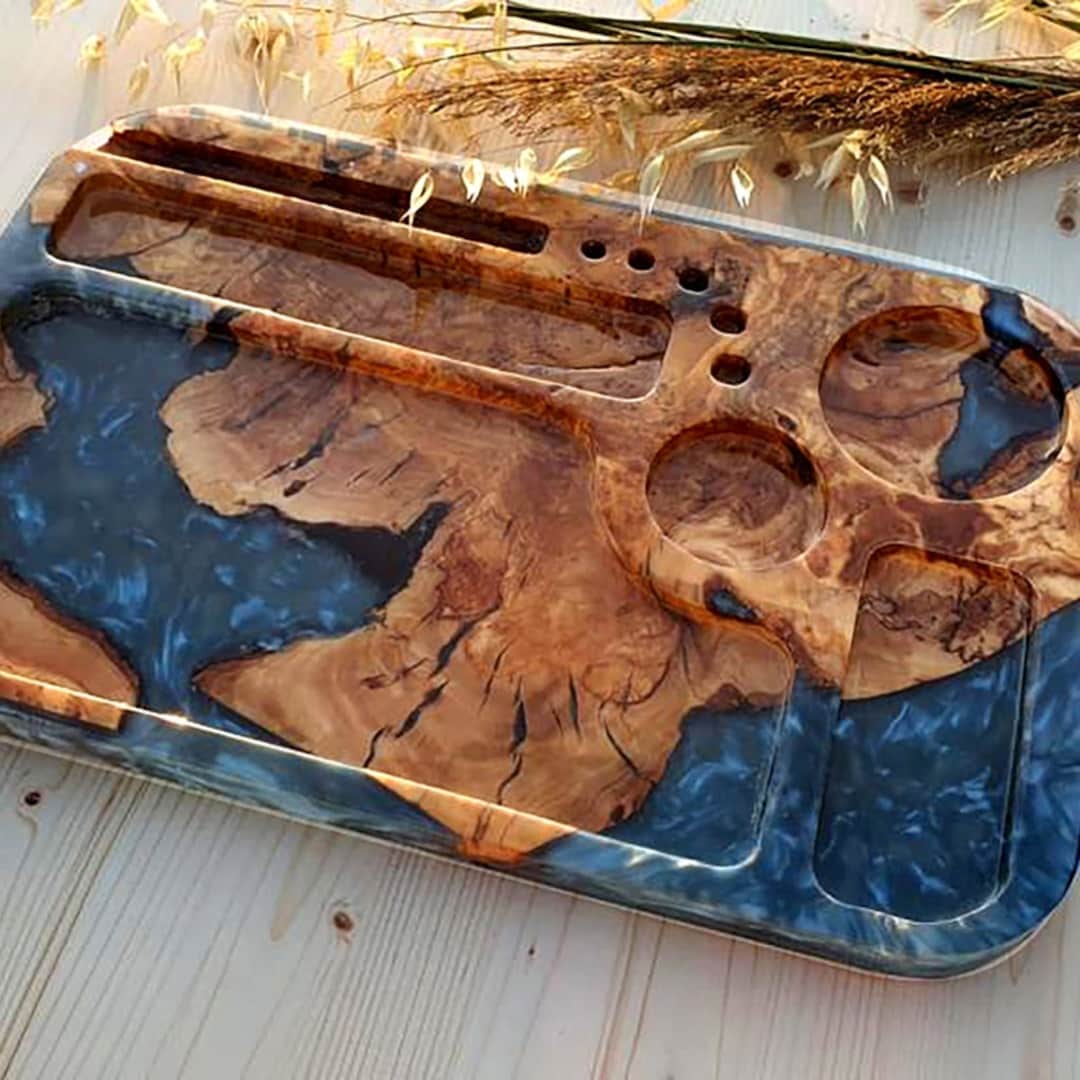 Resin&olive Wood Rolling Tray With Grinder and Ashtray Room, Unique ...
