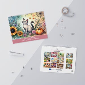 Cat Wall Calendar, Monthly Watercolor Seasonal Feline Images, Yearly ...
