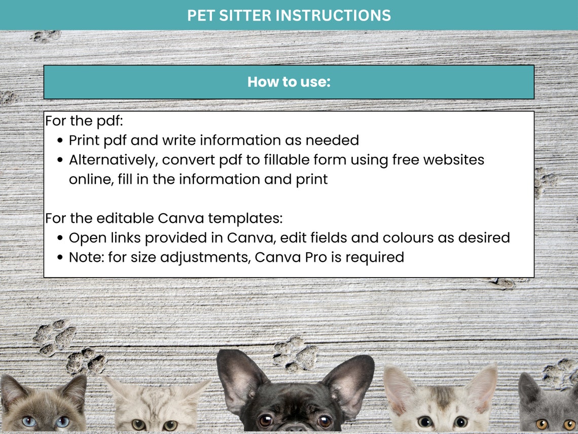 Pet Sitter Instructions, Printable PDF, Canva Template - Etsy