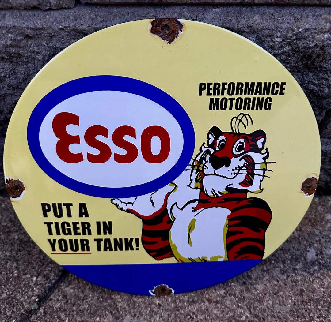 Vintage Esso Tiger Porcelain Sign Gas Motor Oil Pump Plate Station ...