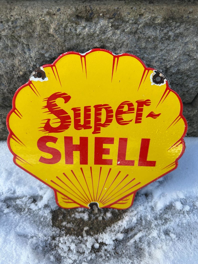 Vintage Super Shell Porcelain Sign Gas Motor Oil Pump Plate Station ...