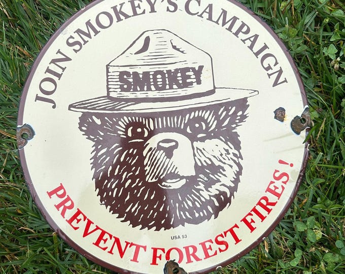 Vintage Smokey the Bear Porcelain Sign Forest Camping Park Ranger ...