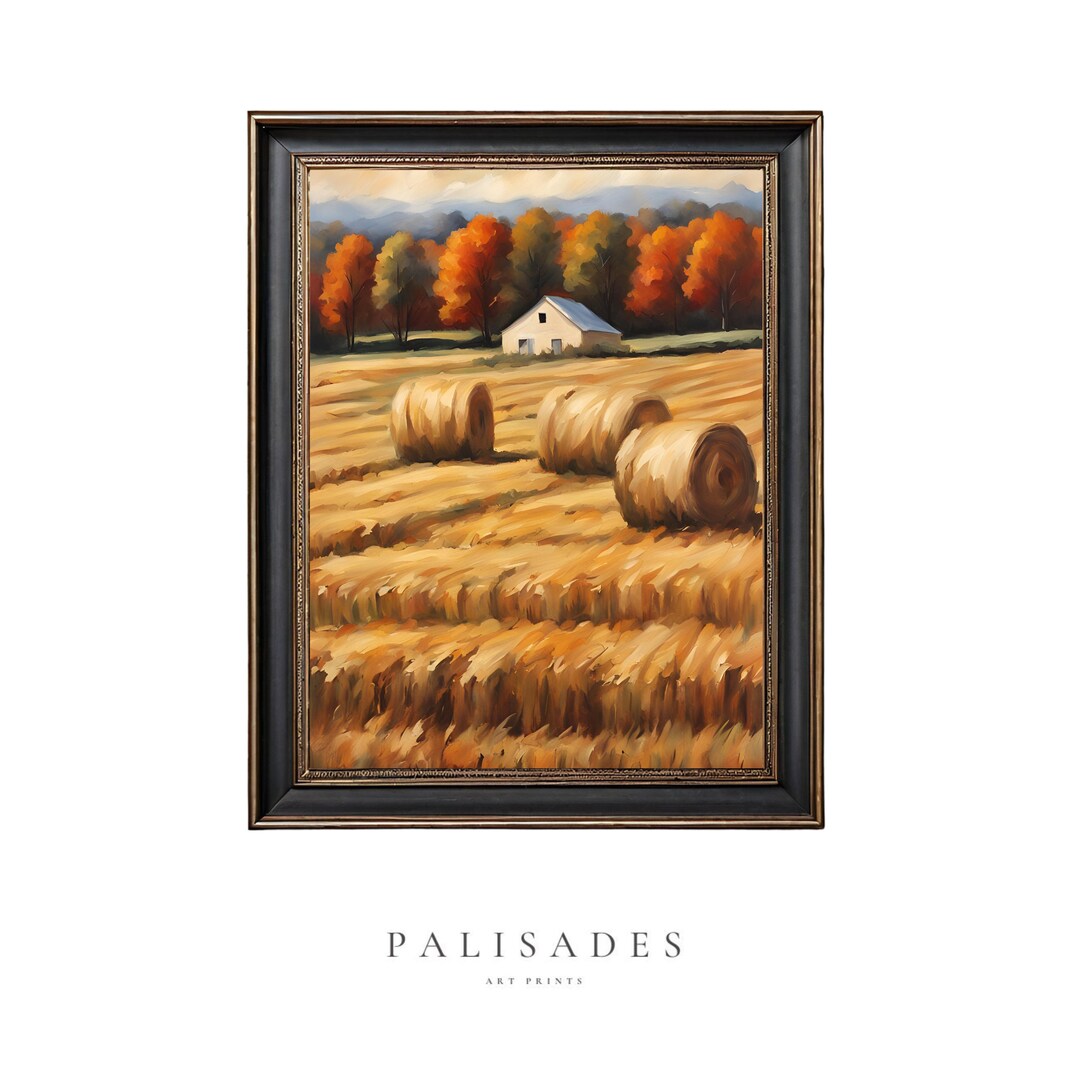 PRINTABLE Autumn Landscape Hay Field Painting | Vintage Neutral Print ...