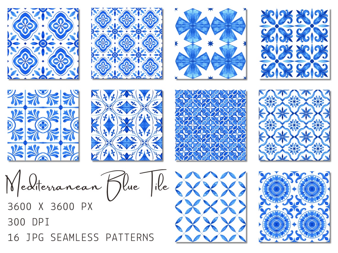 Mediterranean Blue Tile Seamless Patterns - Digital Patterns - Digital ...