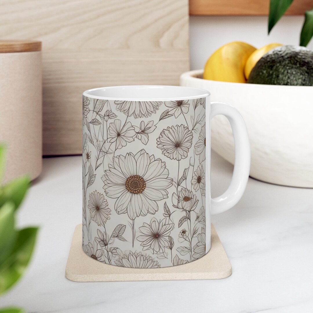 Wildflower Coffee Mug, Thin Line Drawing Mug, Floral and Nature Mug ...