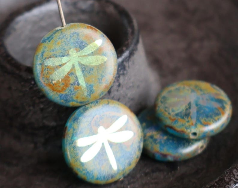 Dragonfly Bead - 16mm Czech Glass Beads - Aqua Picasso Laser Etched 4 ...