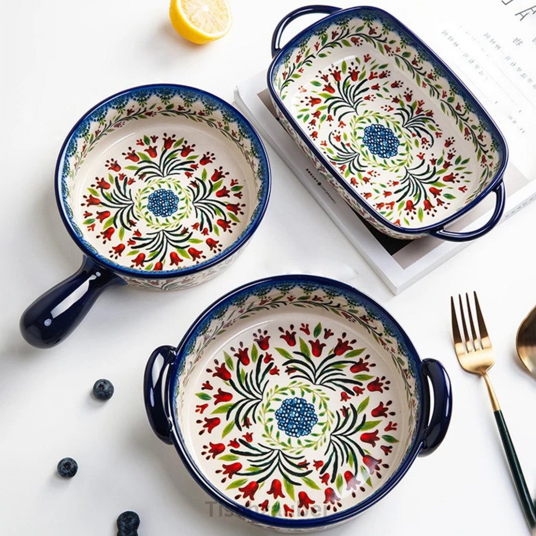 Retro Ceramic Baking Pan, Hand Painted Ceramic Bakeware, Pottery Baking ...