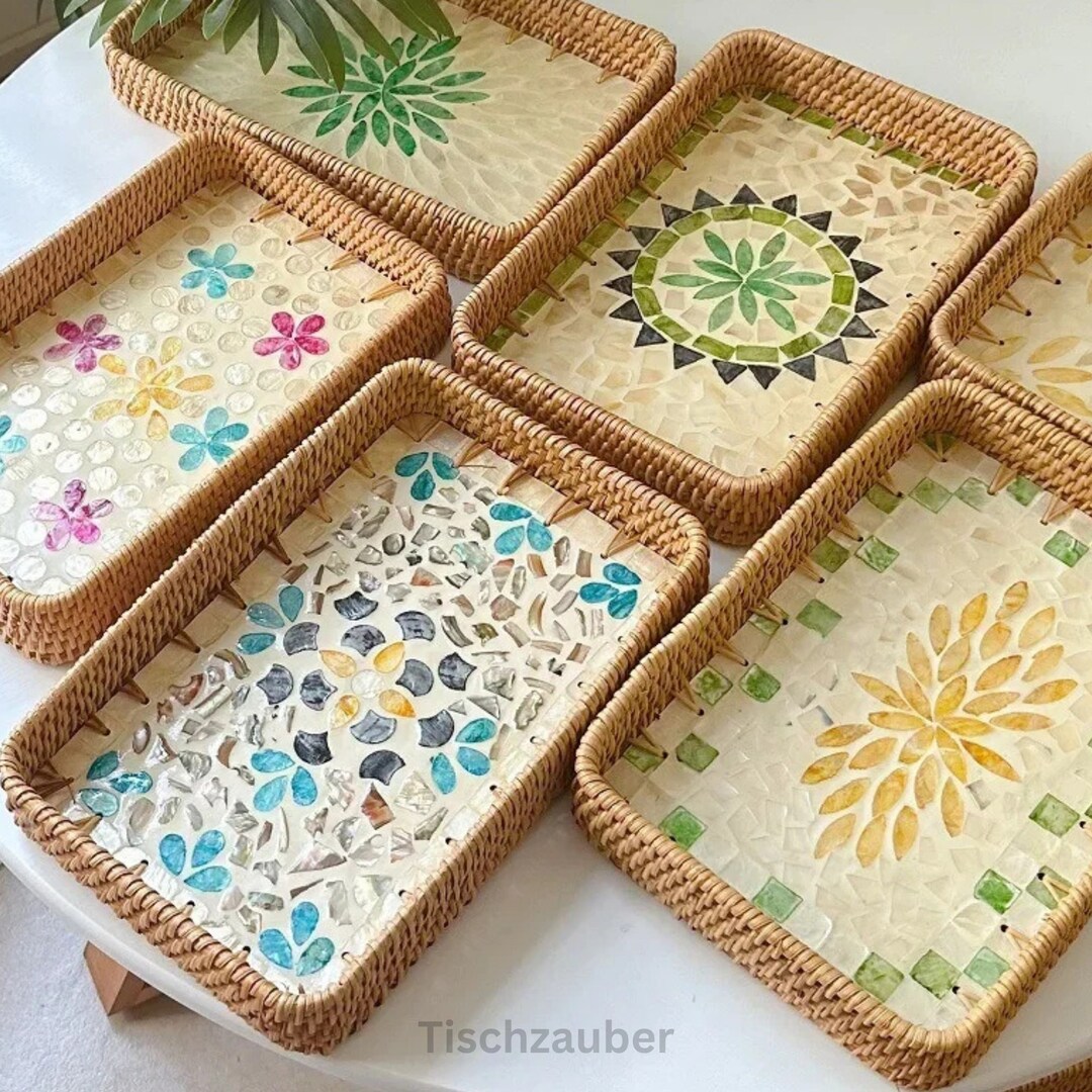 Handmade Rattan Shell Woven Basket, Woven Tray Basket, Rectangle Basket ...
