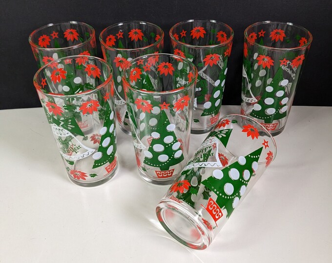 Vintage Hazel Atlas Merry Christmas Glass Set of 7 Red Green White ...