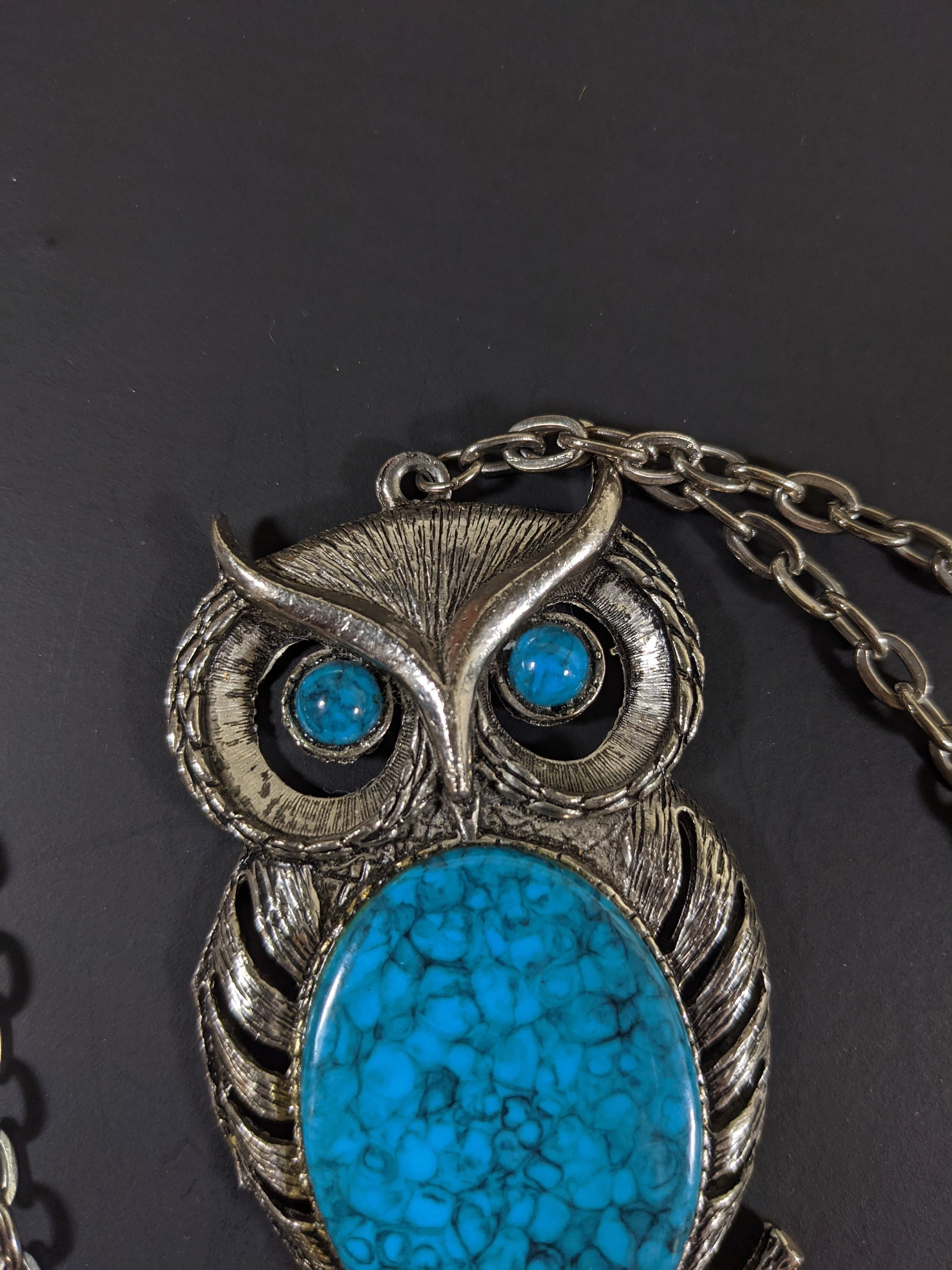 Vintage Owl Necklace Silver Tone Turquoise Colored Stone | Etsy