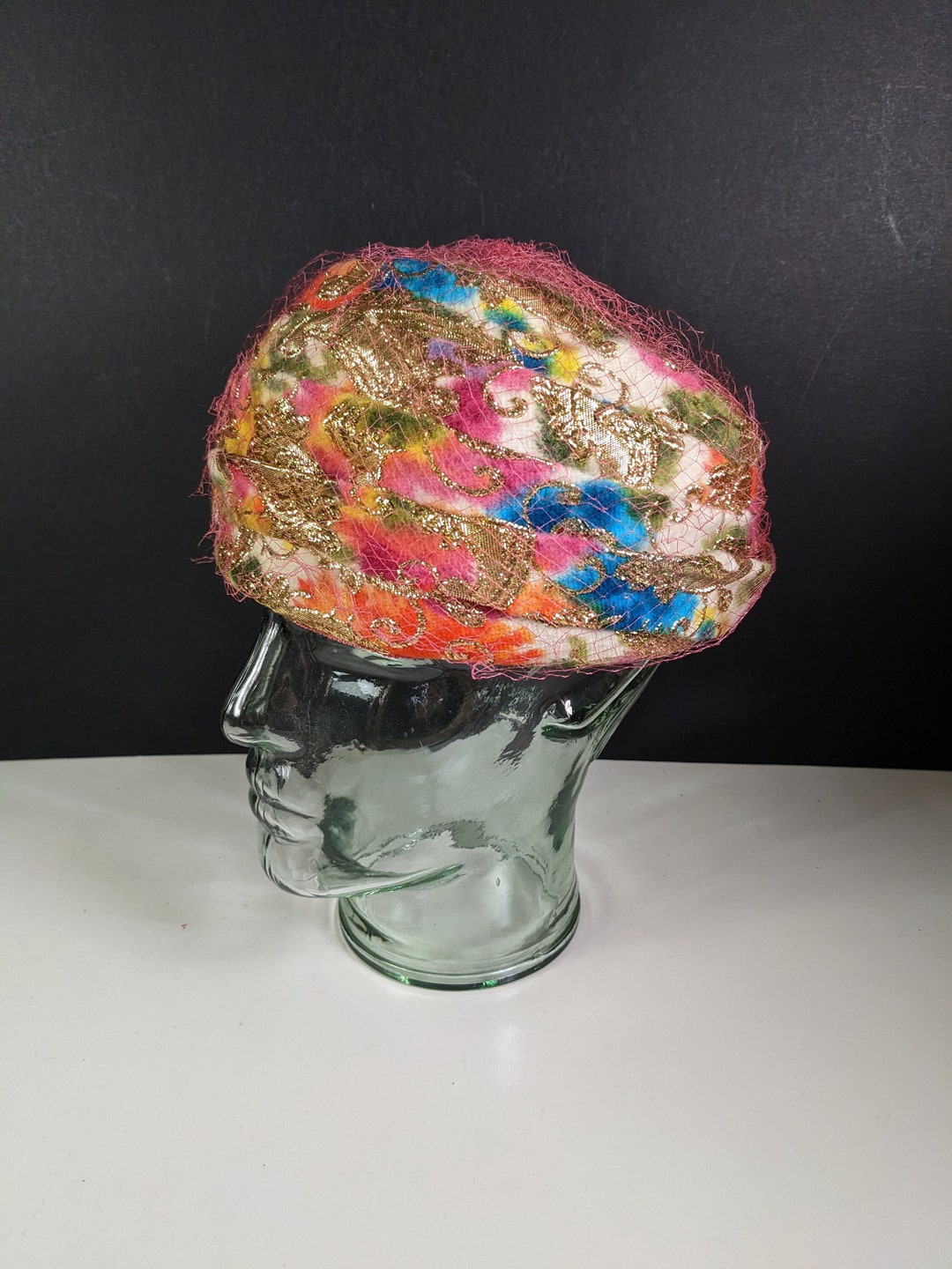 Vintage Pink Rainbow Swirl Brocade Hat - 60's Ladies Hat With Netting ...