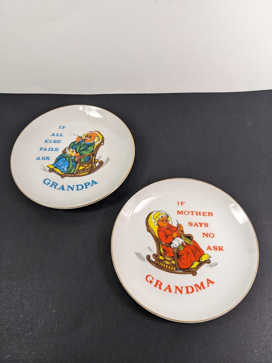 Two Vintage Decorative Plates Grandpa and Grandma Novelty Kitsch Wall ...
