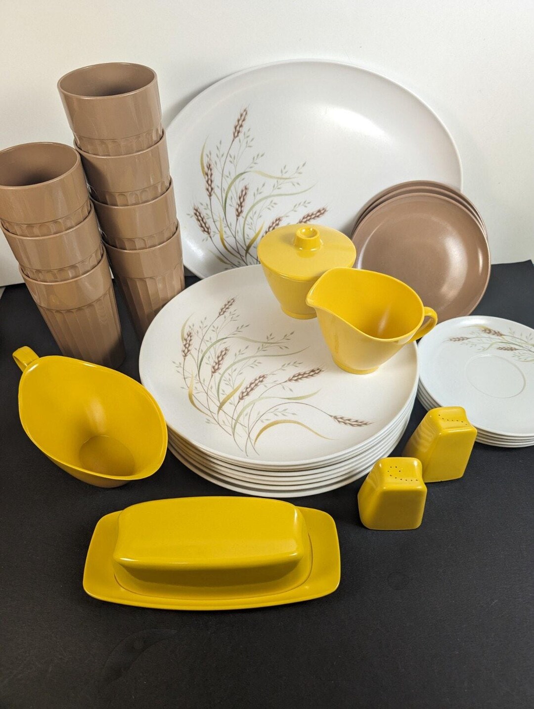 Vintage 32 Piece Melmac Dish Set - Yellow and Brown Plastic - Floral ...