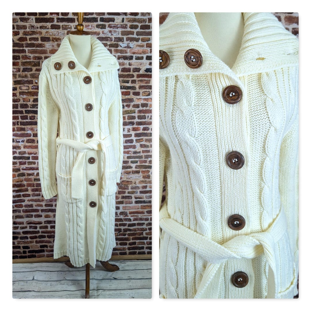 Vintage Cable Knit Cardigan Duster Belted Sweater Dress 70's 80's Size ...