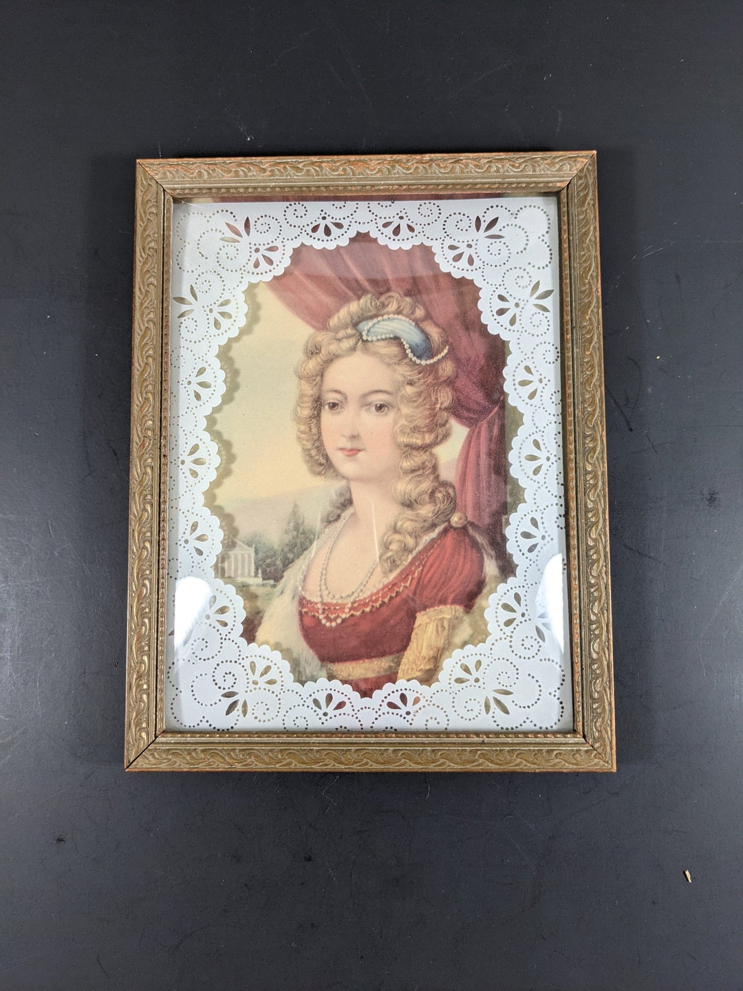 Vintage Framed Portrait Print - 40's 50's Woman Bust - Lace Mat Curved ...