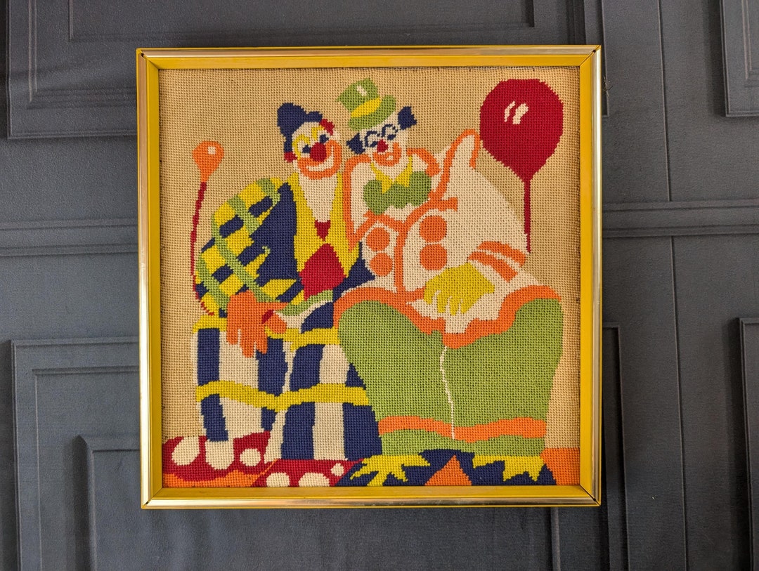 Vintage Framed Clown Crewel Picture - Yellow Painted Frame 13 Inch ...