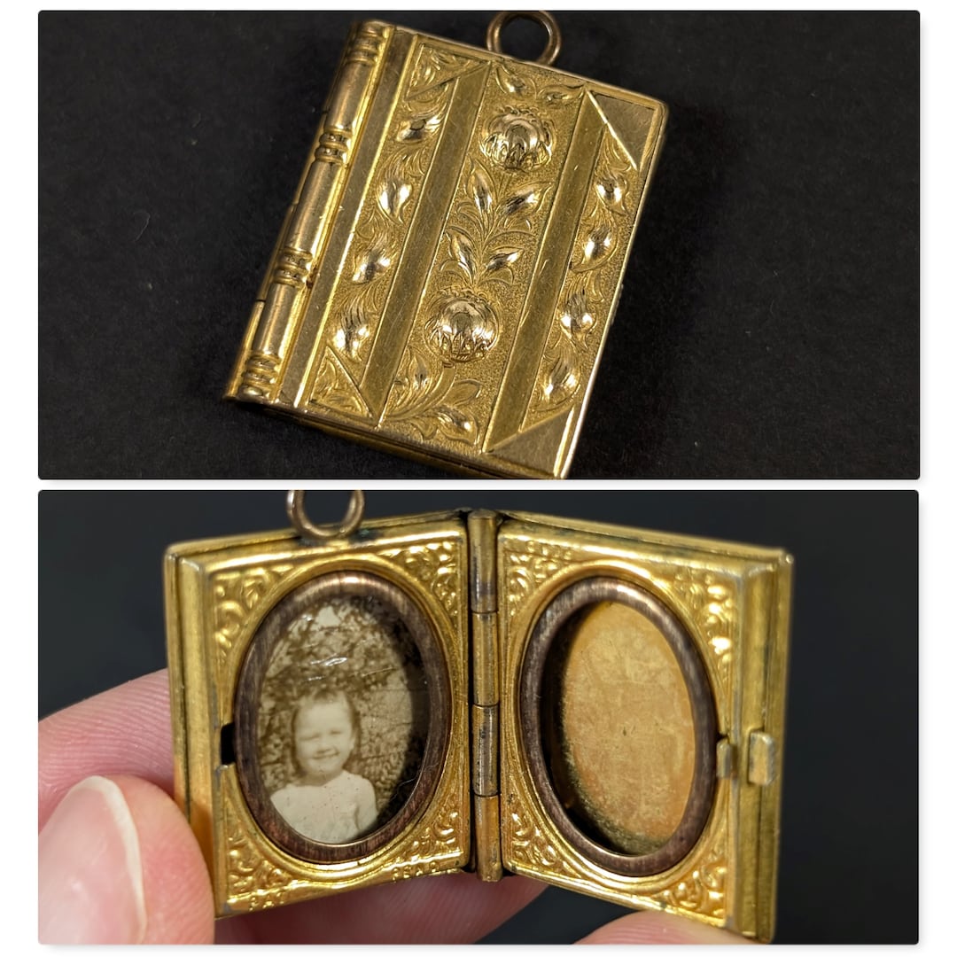 Vintage Book Shaped Locket Gold Tone Decorated Hinged Photo Picture ...