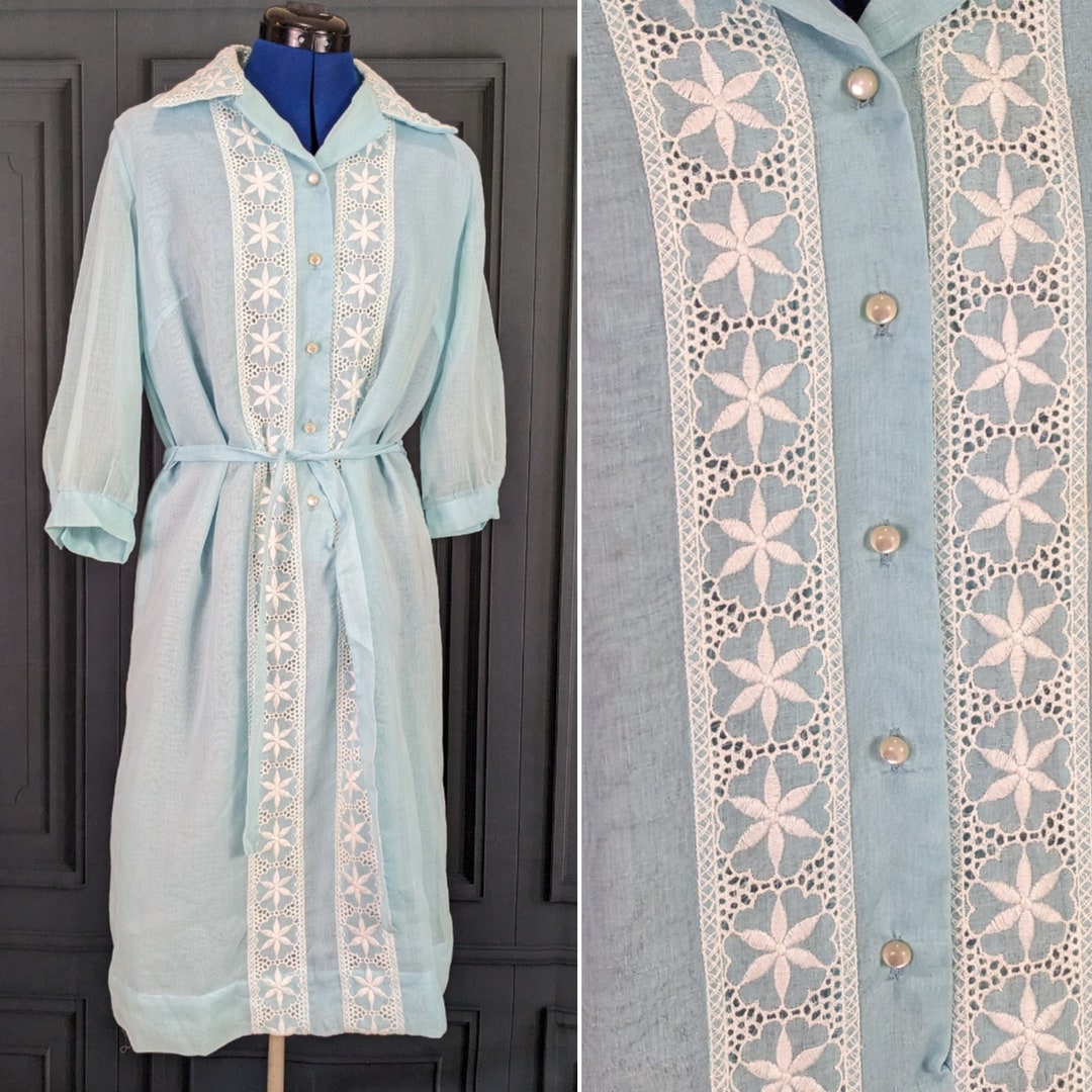 Pastel Blue Belted Shift Dress With Floral Embroidery - Size XL - Etsy