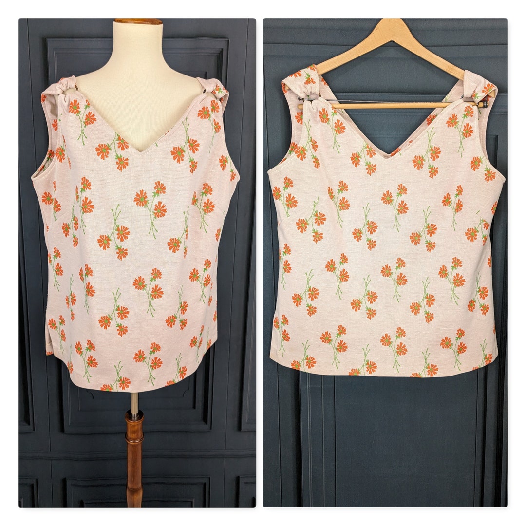 Vintage 70's Tank Top - Orange and Green Flowers Floral - Size - Etsy