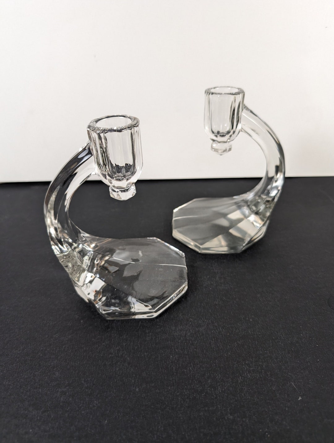 Vintage Candlesticks With Curved Stems Taper Candleholders Clear Glass ...