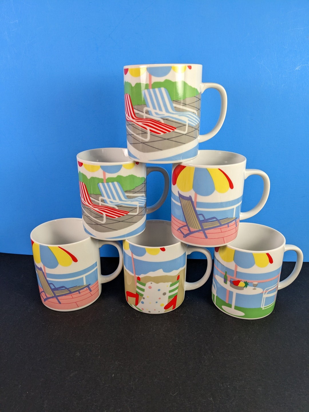 Vintage 80's 90's Summer Coffee Mug Set - Memphis Style Beach Pool ...
