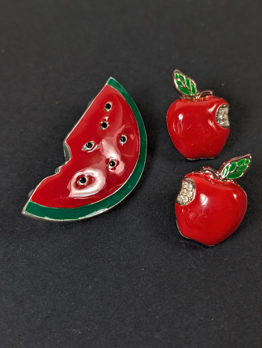 Colorful Enameled Rhinestone Fruit Jewelry Watermelon and Apples ...