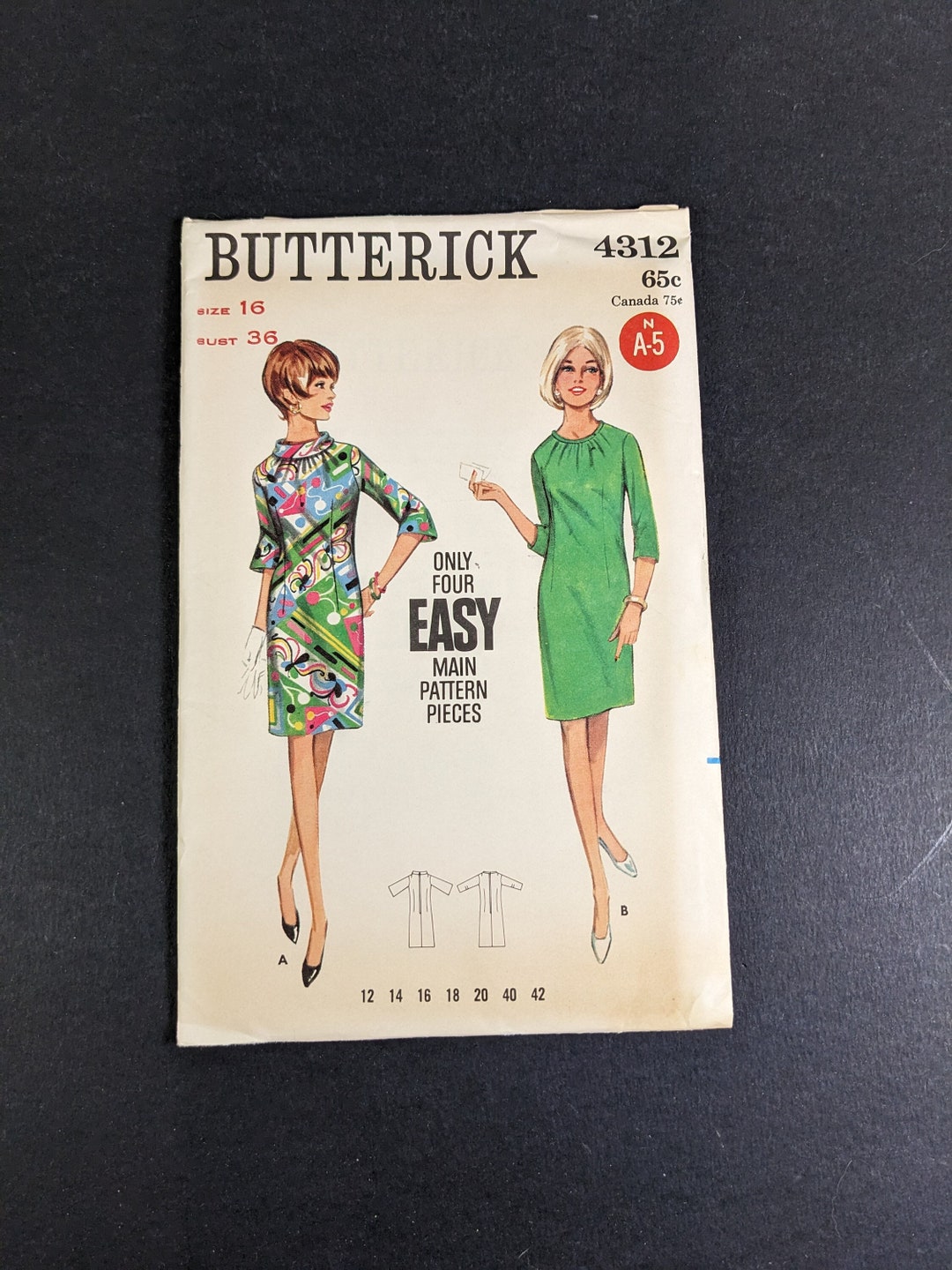 Vintage Uncut Sewing Pattern - Butterick 4312 - One Piece Shift Dress 3 ...