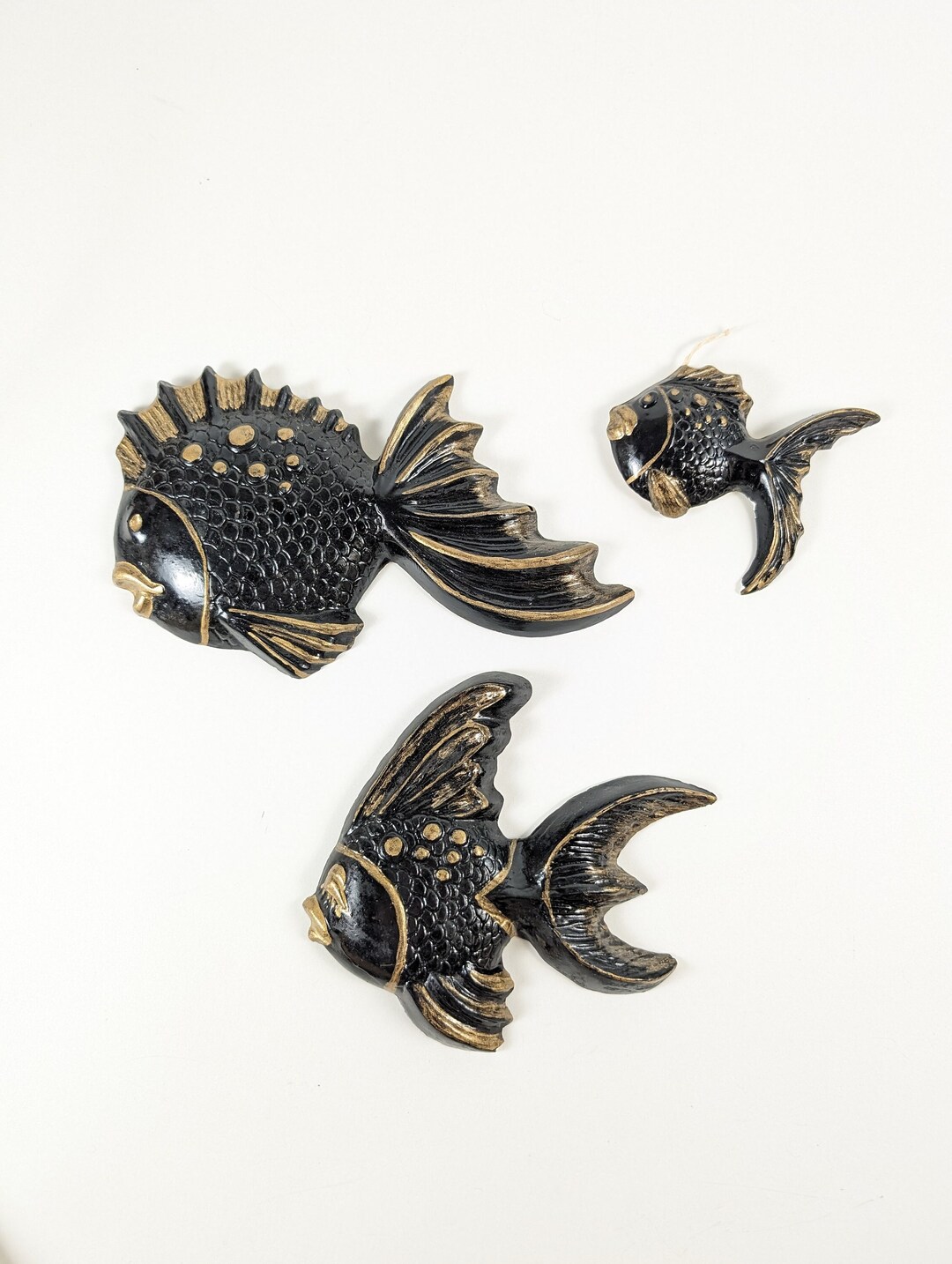 Vintage Black and Gold Plaster Fish Decorations - Mid Century Chalkware ...