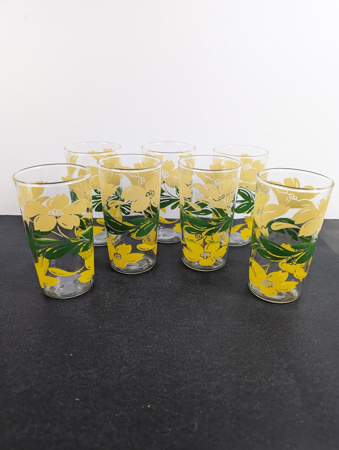 Vintage Juice Glass Set Of 7 Yellow And Green Floral Printed Tumblers 40s 50s Glassware Set Etsy