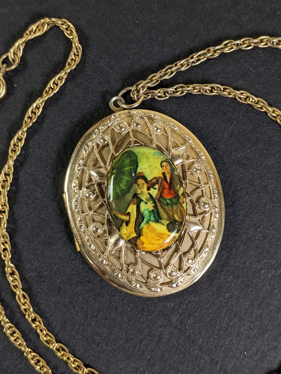 Vintage Statement Locket With Two Women Scene - Gold Tone Filigree With ...