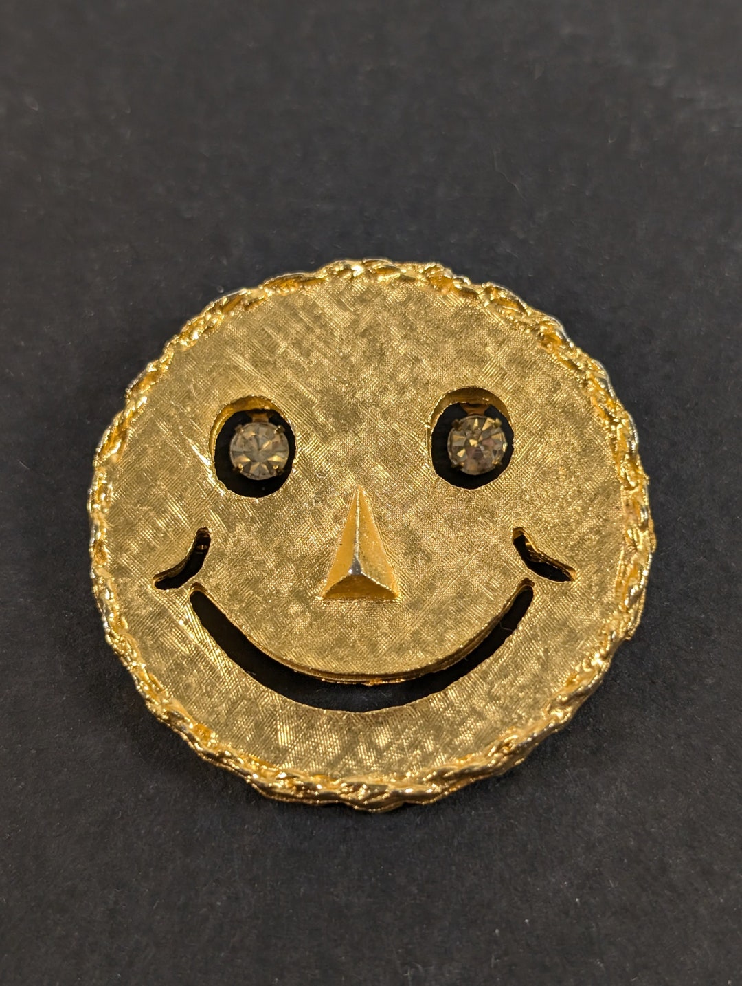 Vintage 70's Smiley Face Brooch Pin With Rhinestone Eyes and Pendant ...