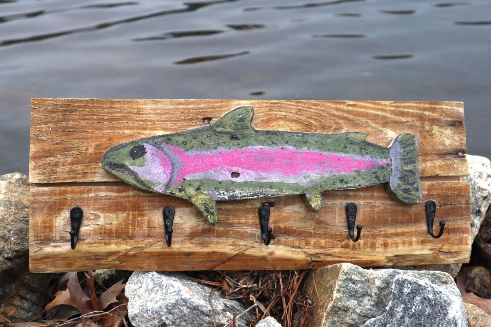 Hand Painted, Rainbow Trout Wall Decor With 5 Hooks - Etsy