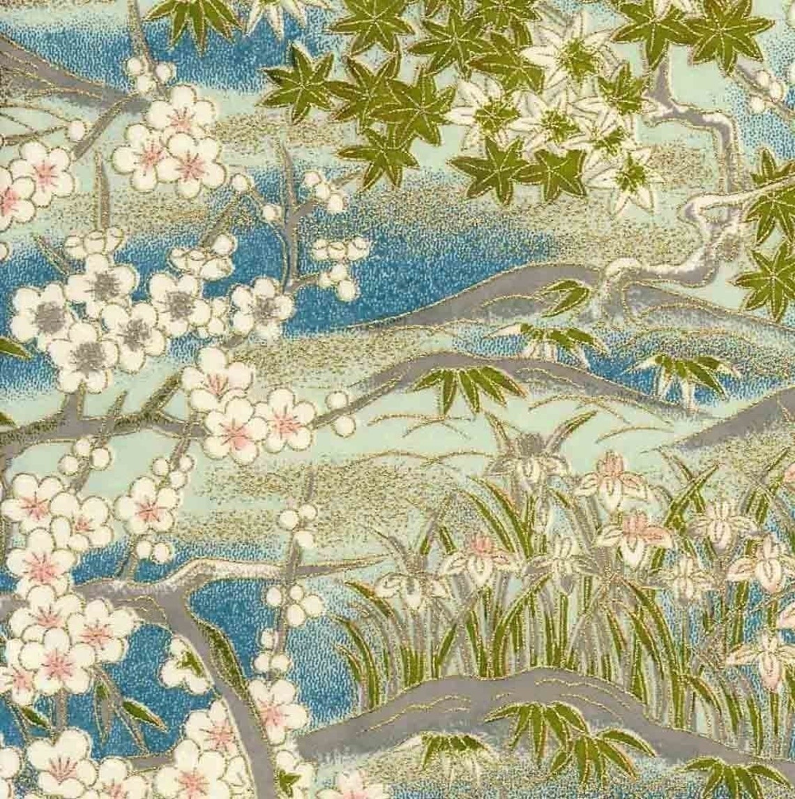 Chiyogami or Yuzen Paper Aqua Garden With Mountains 9x12 - Etsy