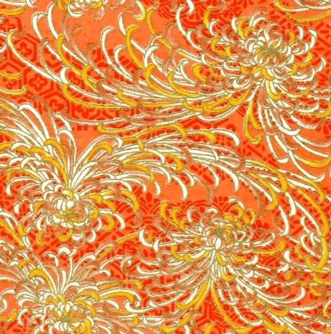 Chiyogami or Yuzen Paper - Springy Gold Mums on Peach Sherbet, 9x12 ...