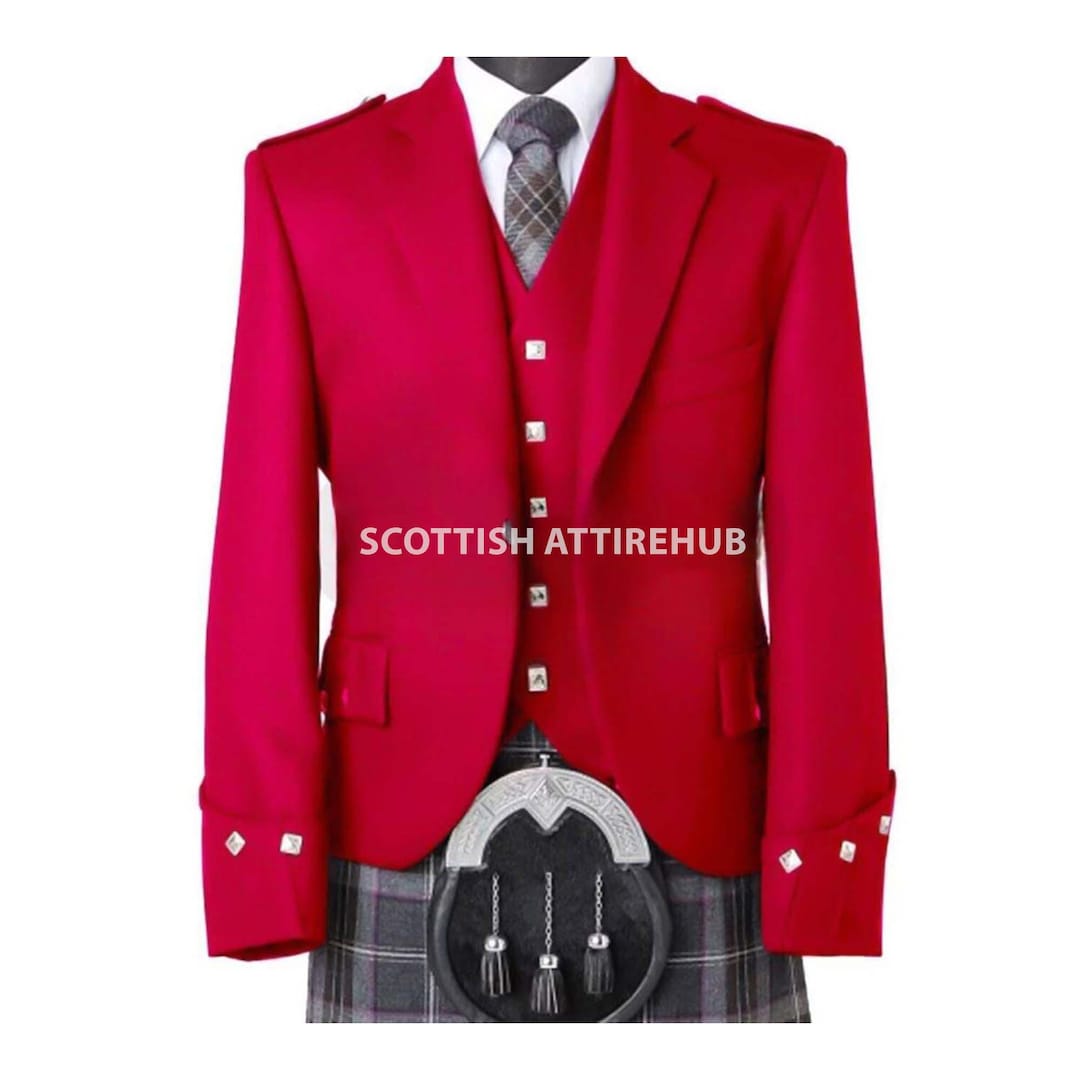 Men's Red Serge Wool Argyle Jacket & Vest - Handmade Kilt Jacket for ...