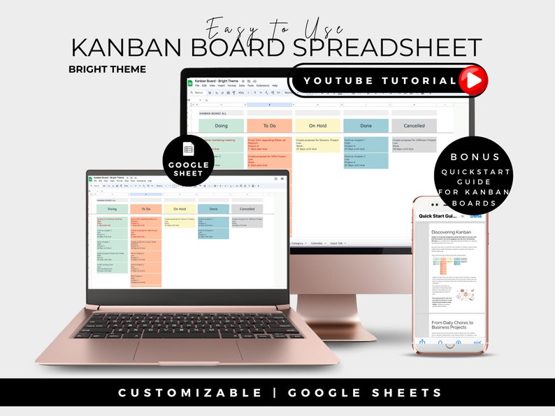 Kanban Board Google Sheets | to Do List Template | Project Planner ...