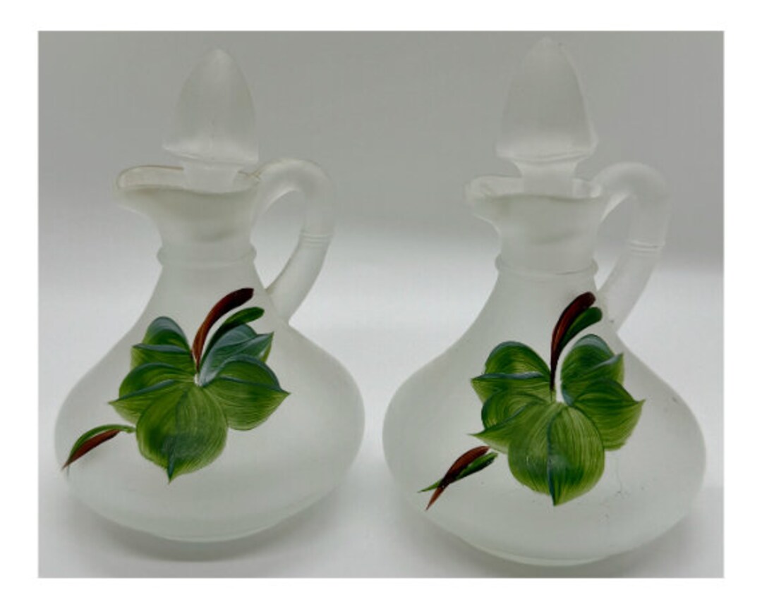 Pair of Hazel Atlas Ivy Hand Painted Oil & Vinegar Cruet Set Frosted ...