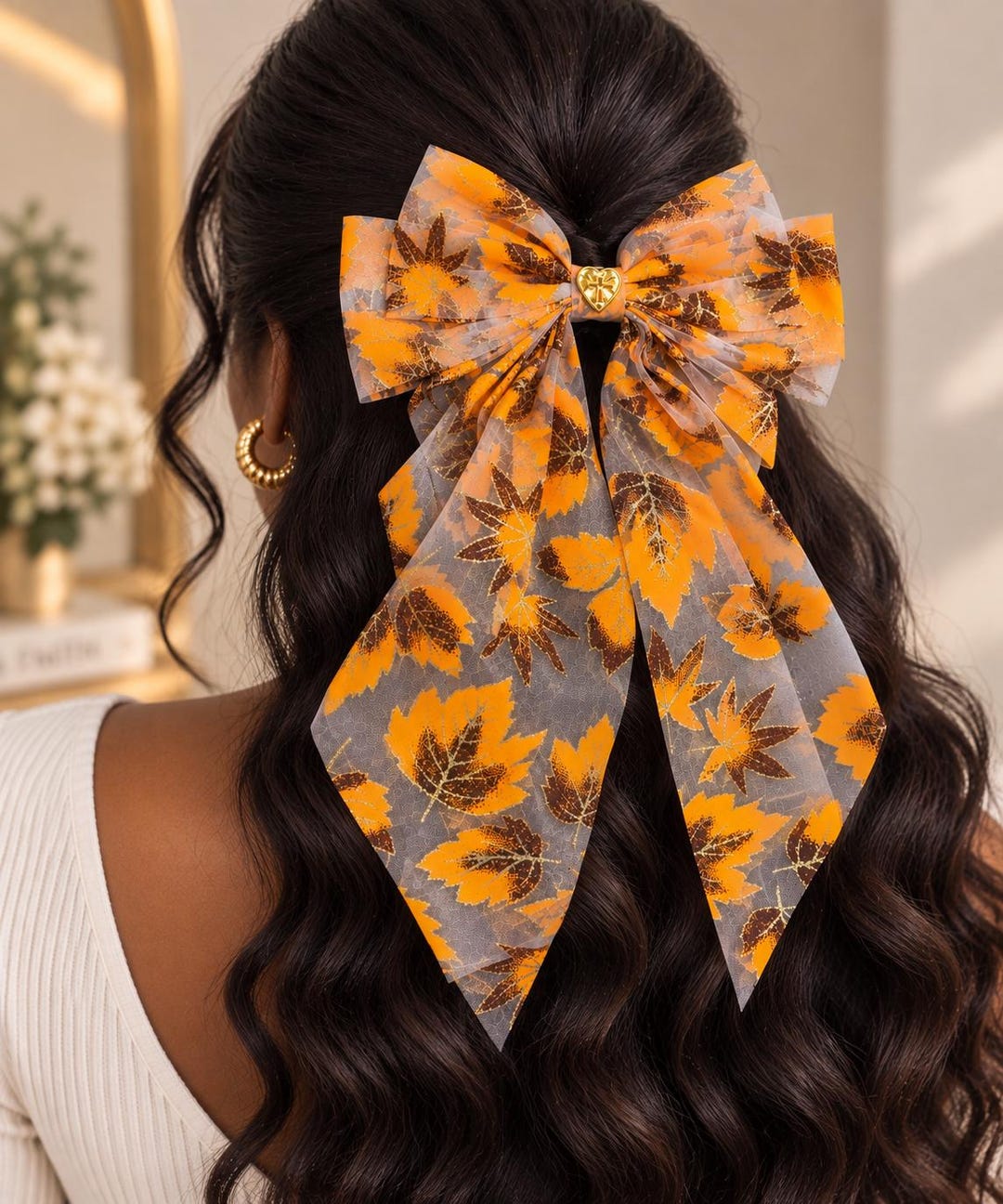 Christian Fall Hair Bow for Women Autumn Leaf Organza Bow With Gold ...