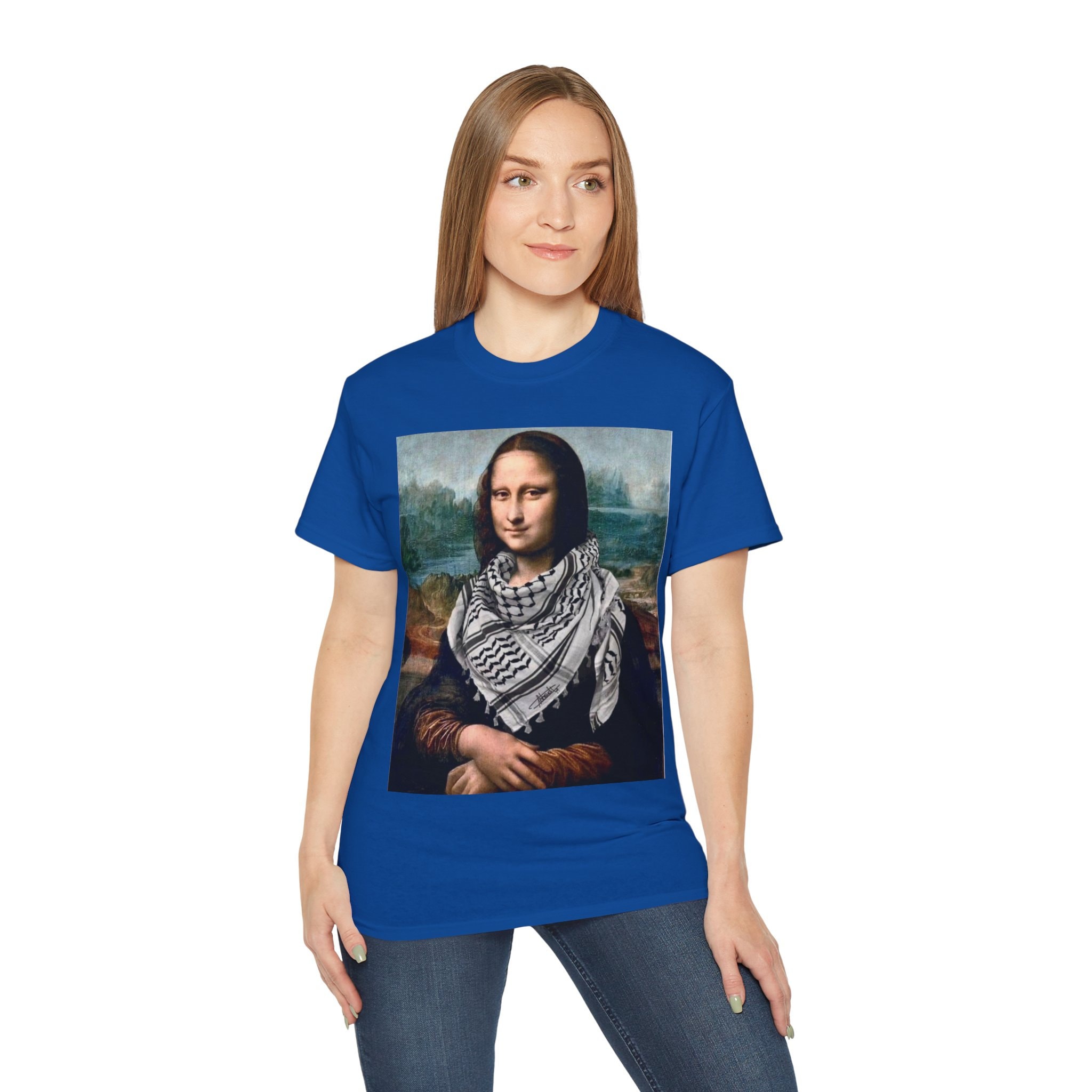 Unisex Keffiyeh Palestinian Mona Lisa Ultra Cotton Tee Trendy Beach Shirt, Vacation Shirt ...