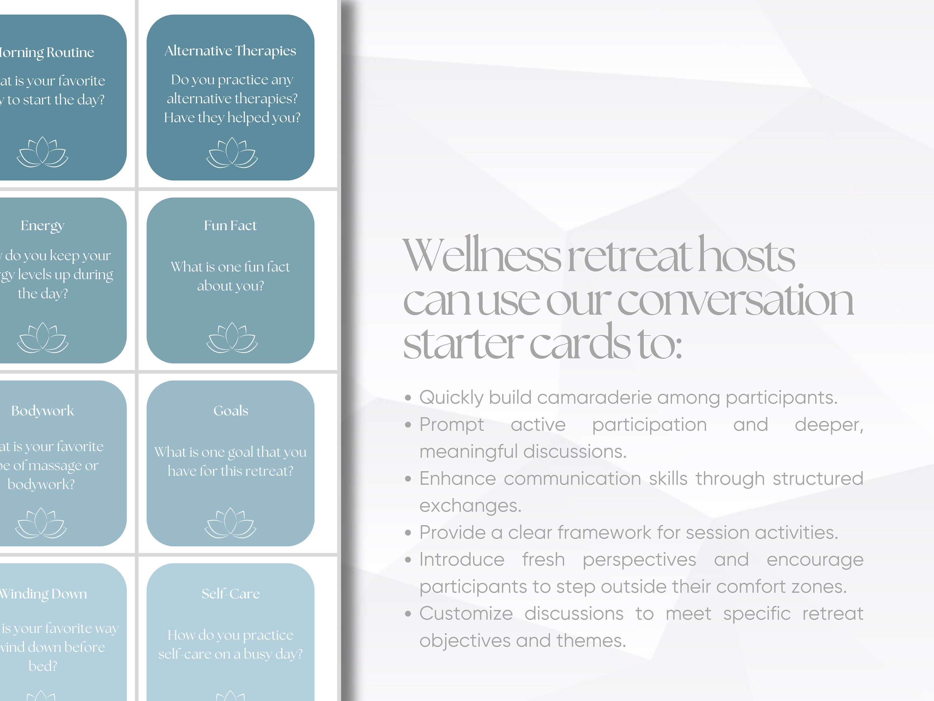 Wellness Retreat Conversation Starter Cards Retreat Participant ...