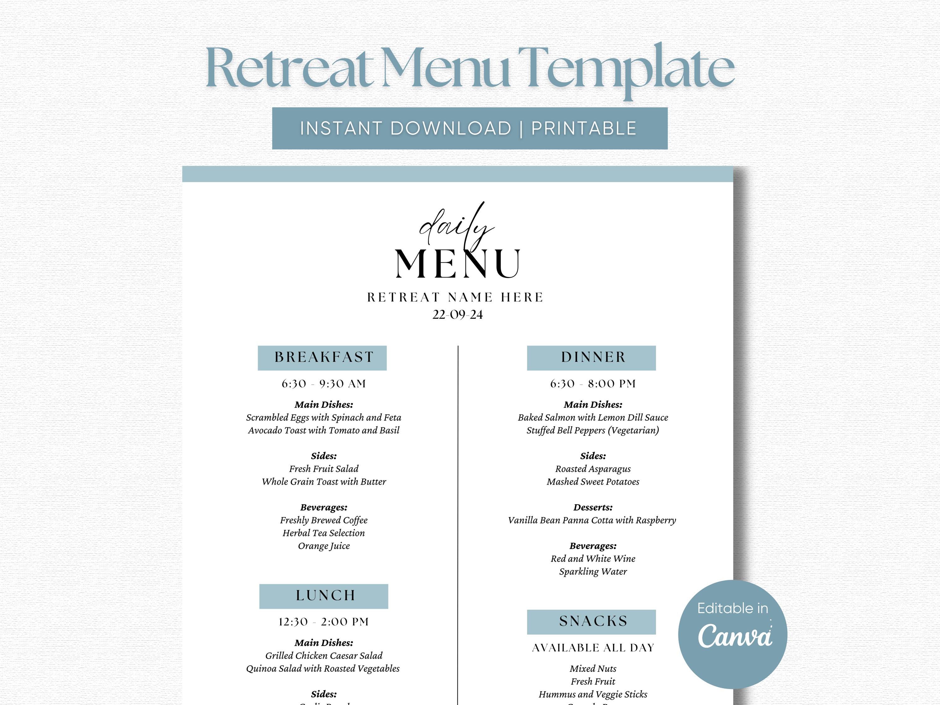 Wellness Retreat Customizable Menu Template Daily Menu Template for ...