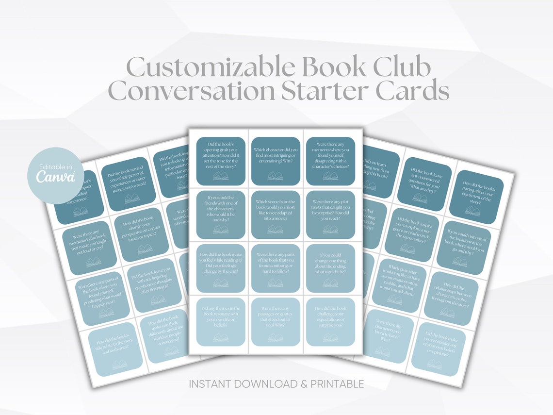 Book Club Conversation Starter Cards, Customizable Template (printable ...