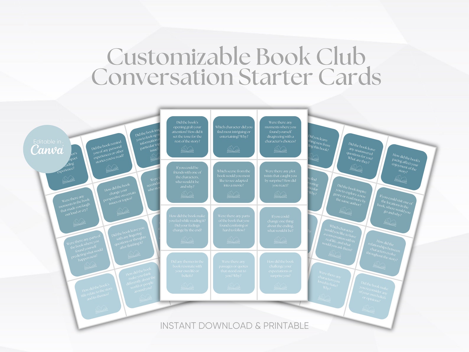 Book Club Conversation Starter Cards Customizable Book Club Discussion ...