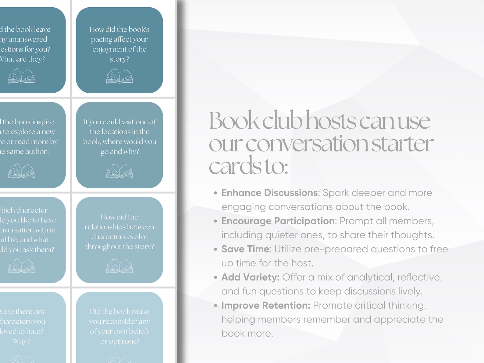 Book Club Conversation Starter Cards Customizable Book Club Discussion ...