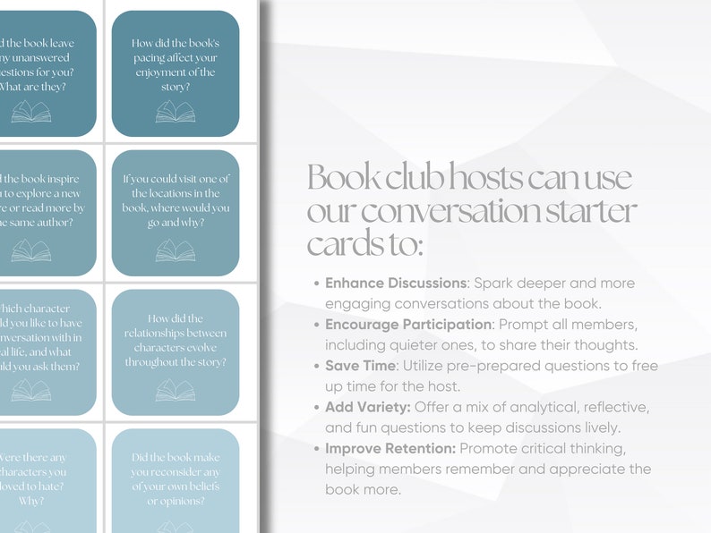 Book Club Conversation Starter Cards Customizable Book Club Discussion ...
