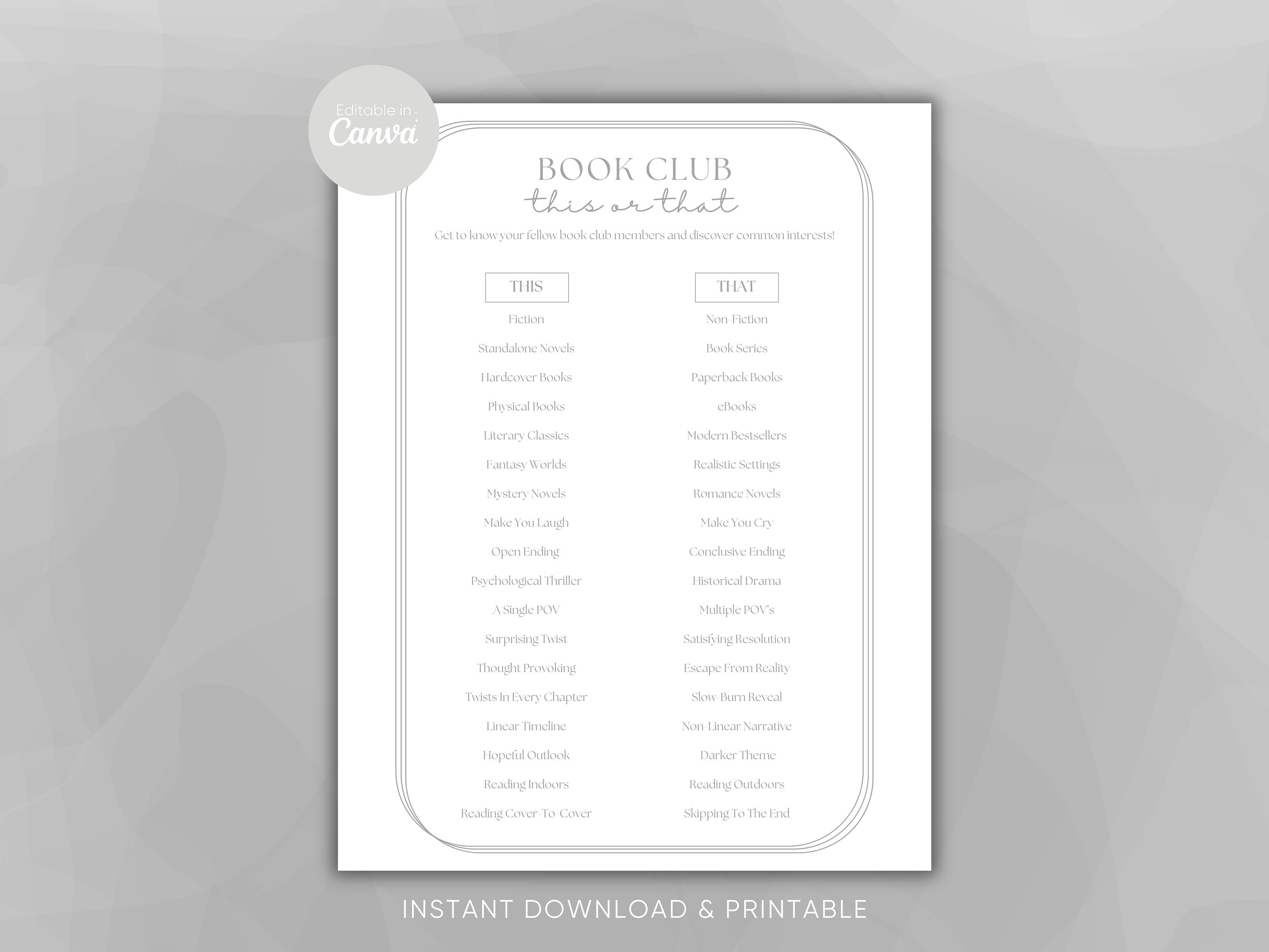 Book Club Printable Game Editable Book Lover This or That Would You ...