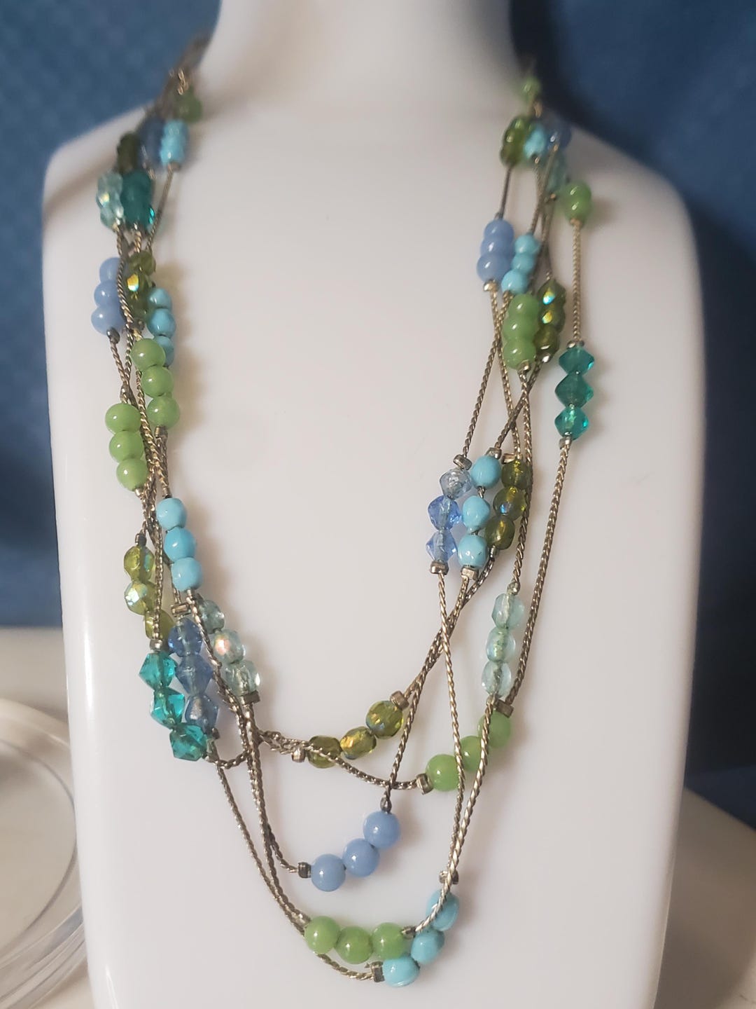 Multi 5 Strand Blue and Green Signed Vicky Jousan Silver Tone Necklace ...